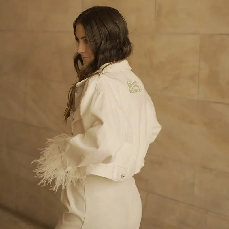 Custom White Feather Bridal Denim Jacket with Pearls – I'm Getting Married